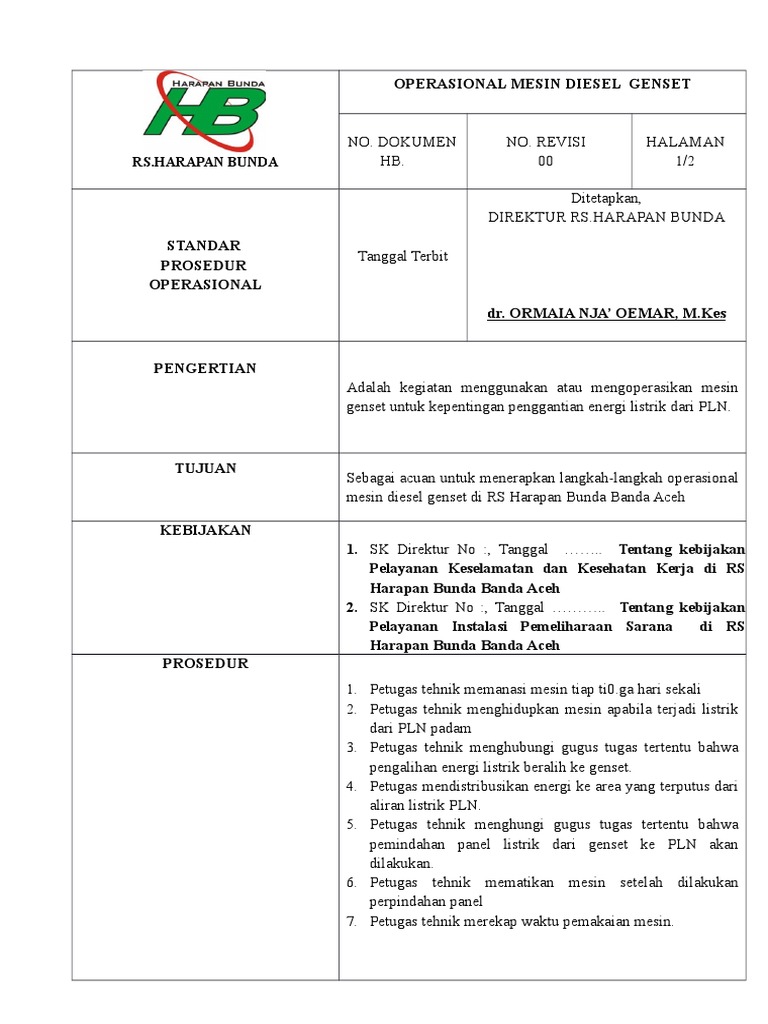 Sop 1 Operasional Mesin Diesel Genset | PDF