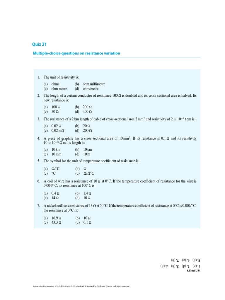 Quiz 21: Multiple-Choice Questions On Resistance Variation | PDF