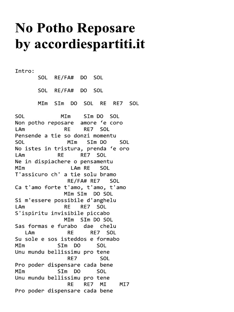 No Potho Reposare Accordi - Tazenda | PDF