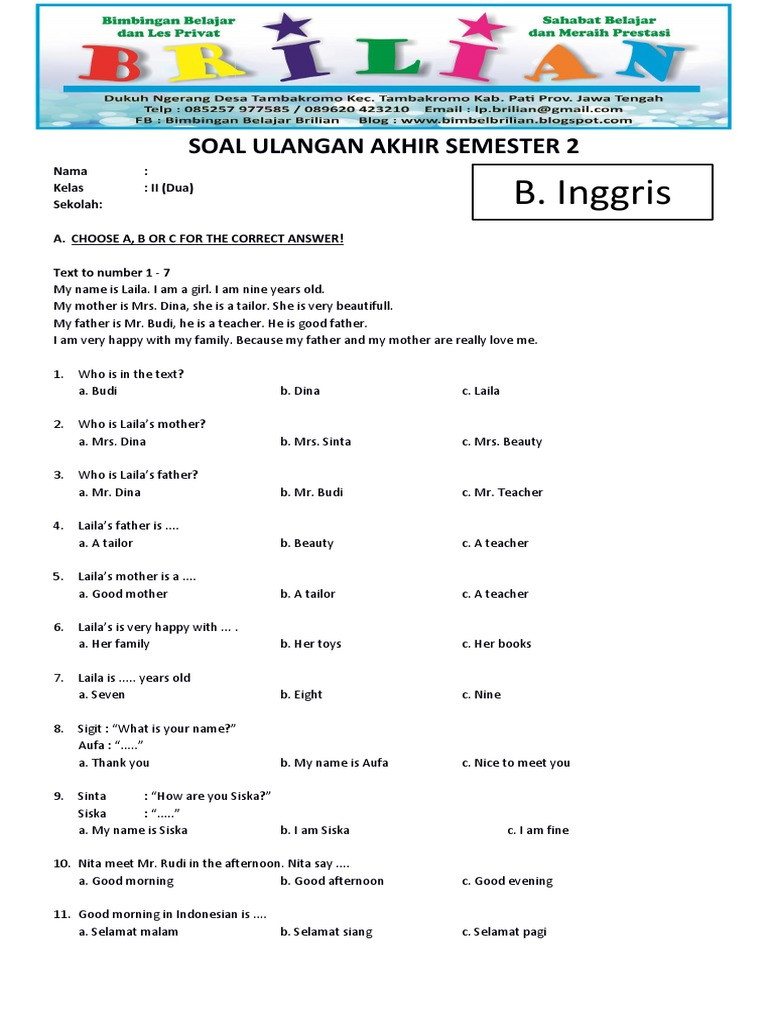 Soal UAS Bahasa Inggris Kelas 2 SD Semester 2 Dan Kunci Jawaban PDF | PDF