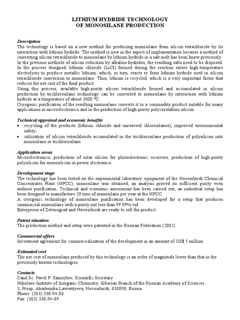 Lithium Hydride Technology of Monosilane Production: Description | PDF ...