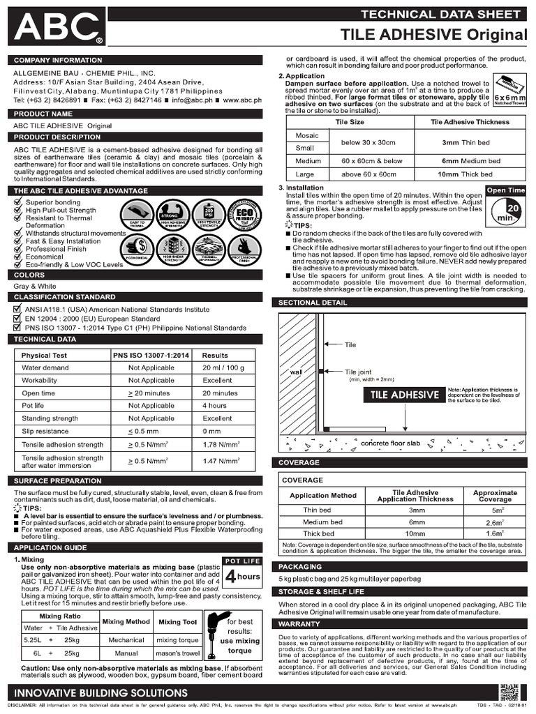 ABC Tile Adhesive Original Technical Data Sheet 2018 | PDF | Science ...