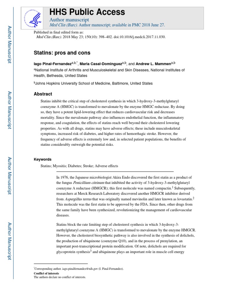 HHS Public Access: Statins: Pros and Cons | PDF | Statin ...