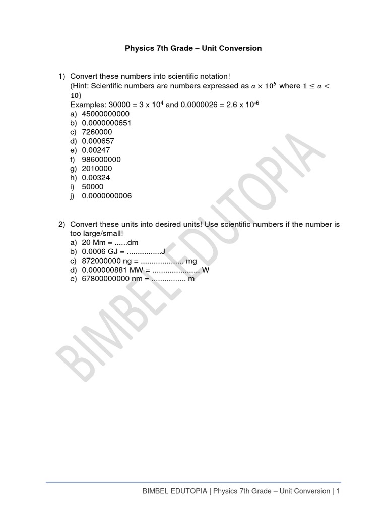 BIMBEL EDUTOPIA - Physics 7th Grade - Unit Conversion - 1 | PDF