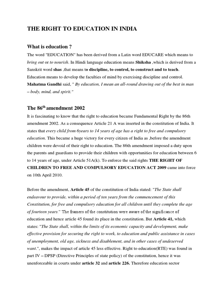 Right To Education in India | PDF | Teachers | Government Information