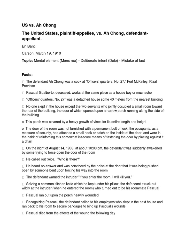 US vs. Ah Chong The United States, Plaintiff-Appellee, vs. Ah Chong ...