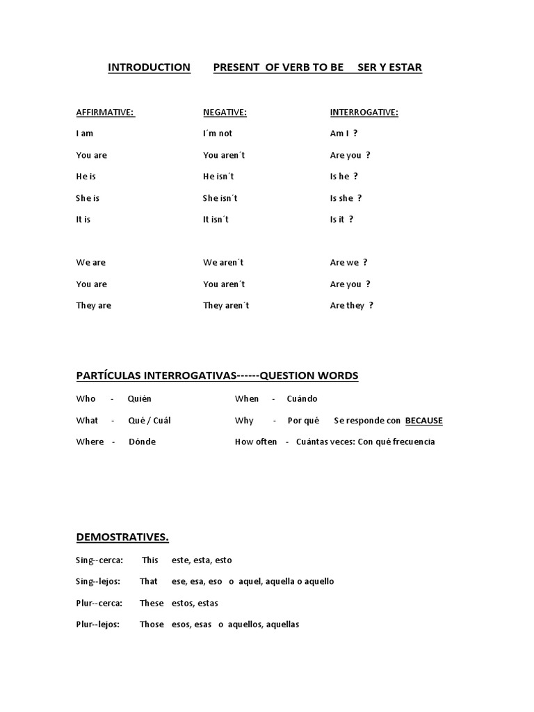 Introduction Present of Verb To Be Ser y Estar | PDF | Foreign Language ...