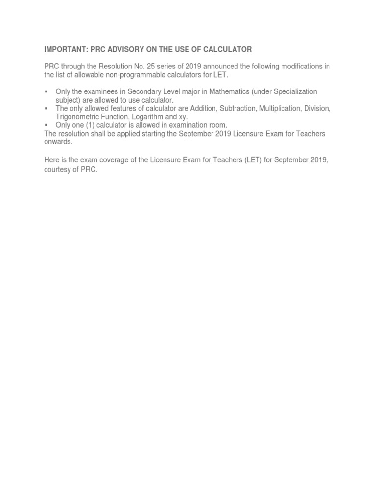PRC Calculator Guidelines for LET Math Major | PDF | Finance & Money ...