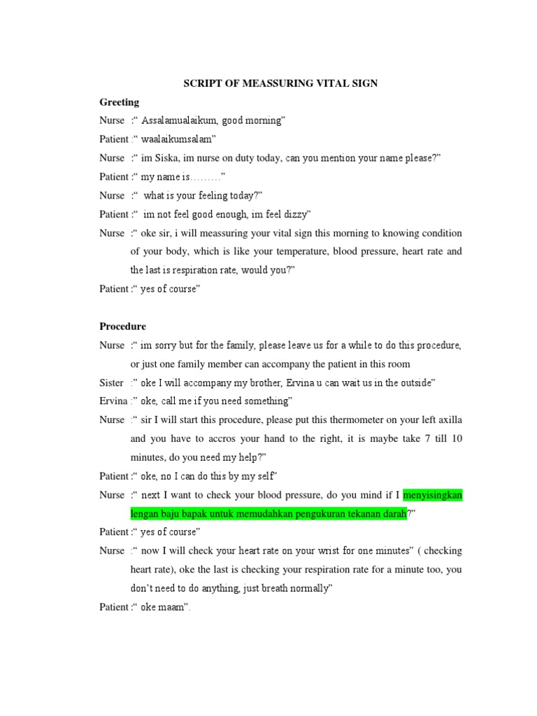 Script of Meassuring Vital Sign Greeting | PDF | Physiology | Diseases ...