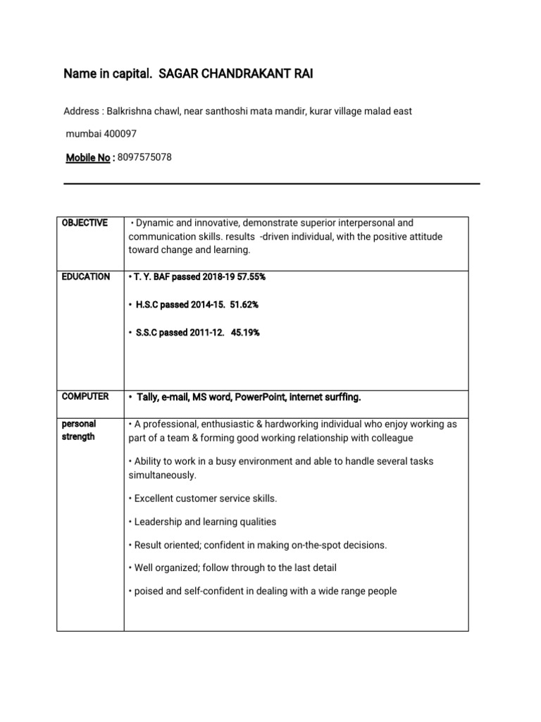 Resume of Sagar Chandrakant Rai | PDF