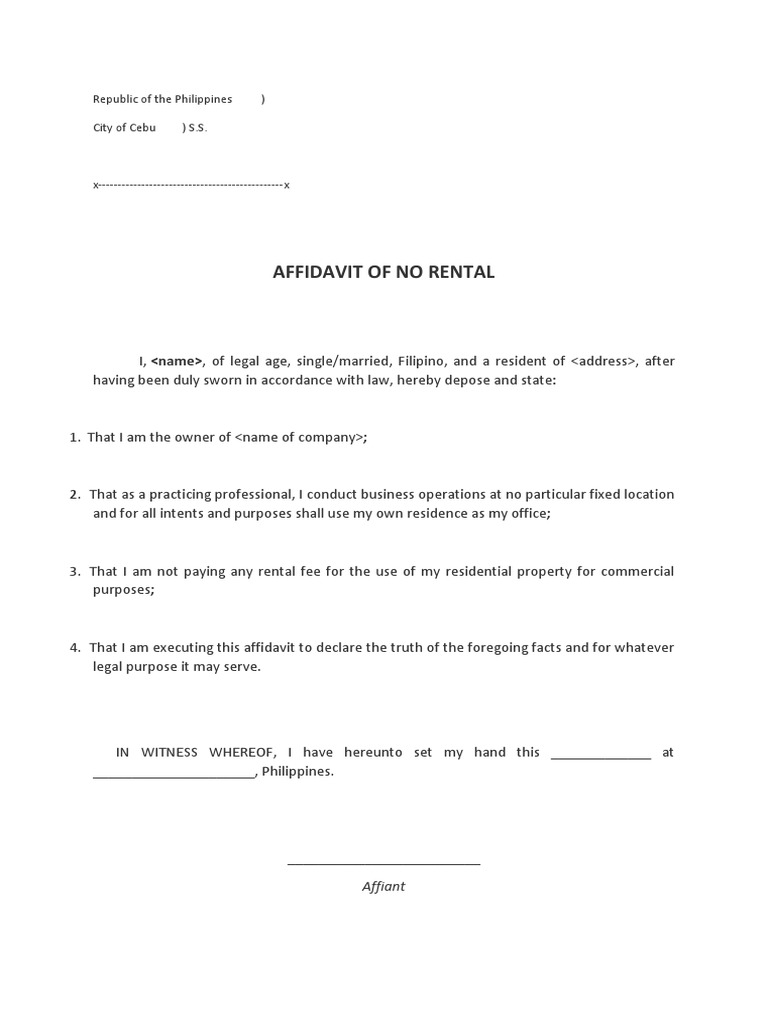 No Rent Affidavit Template | PDF