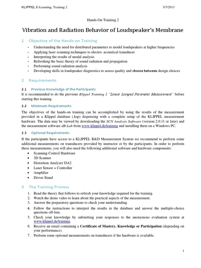 Klippel-Training 2 Vibration and Radiation Behavior of Loudspeakers Membranes | PDF ...
