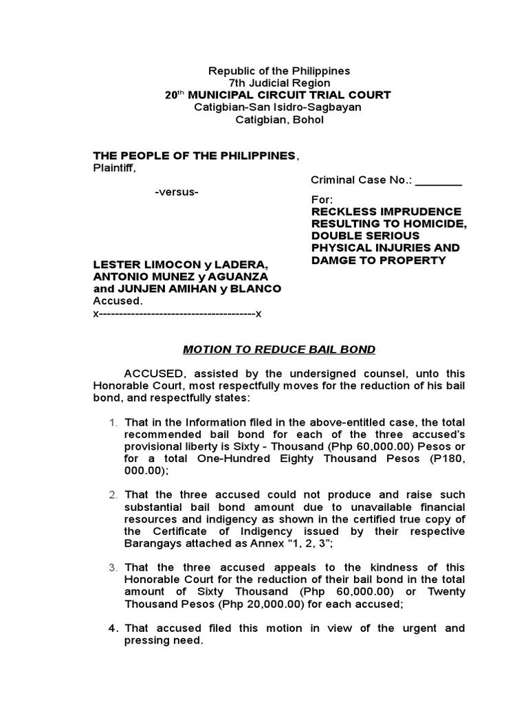 20 Municipal Circuit Trial Court: Motion To Reduce Bail Bond | PDF ...