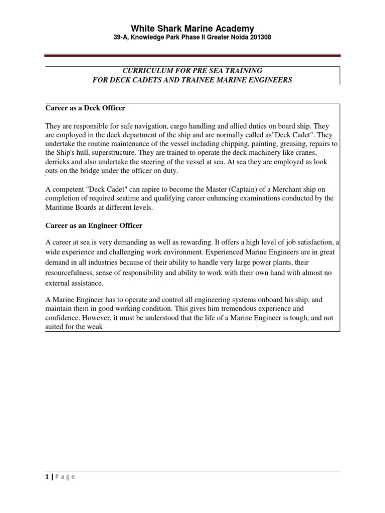Curriculum For Pre Sea Training For Deck Cadets and Trainee Marine ...