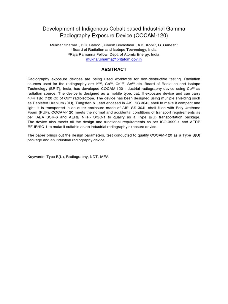 Development of Indigenous Cobalt Based Industrial Gamma Radiography ...
