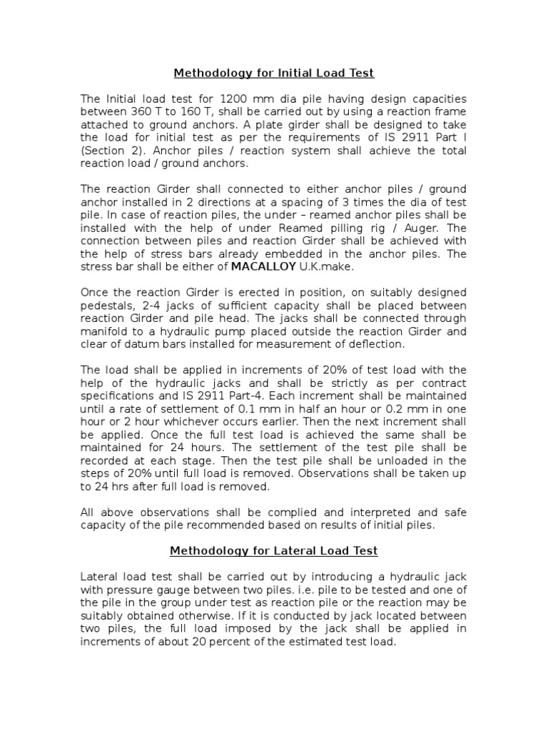 Methodology For Initial Load Test | PDF | Anchor | Deep Foundation