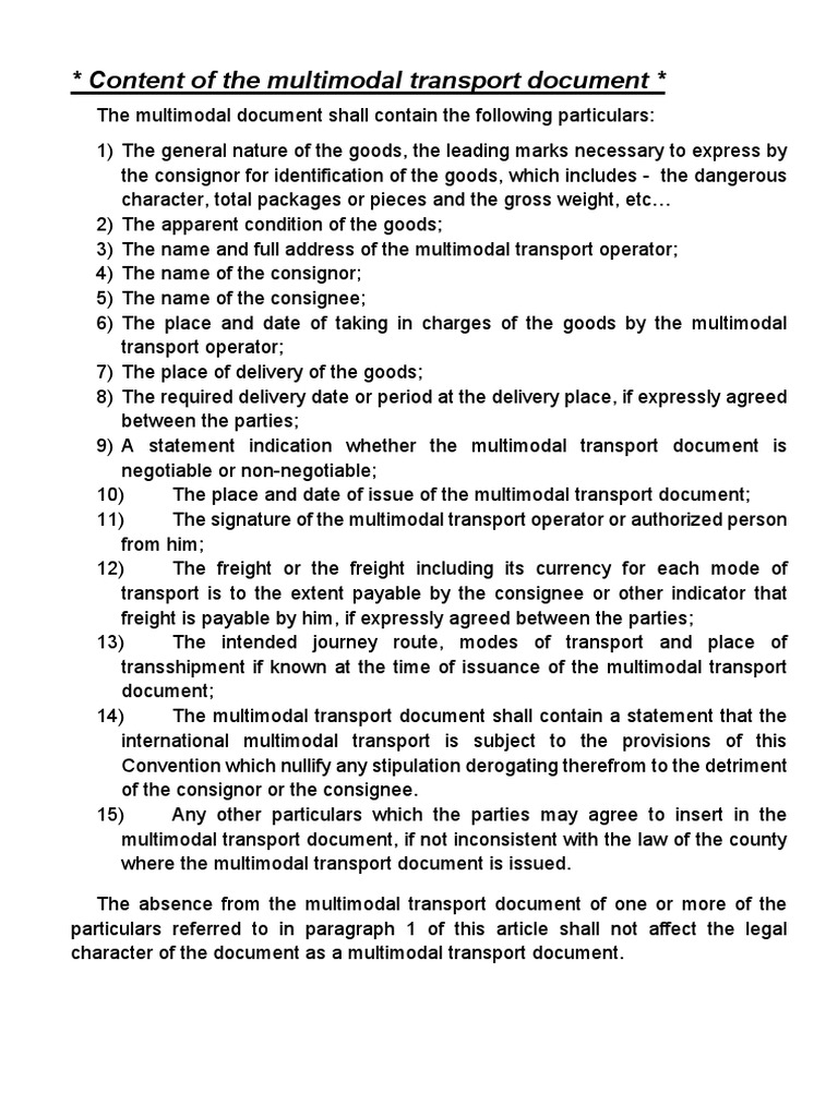 Content of The Multimodal Transport Document | PDF | Cargo | Insurance