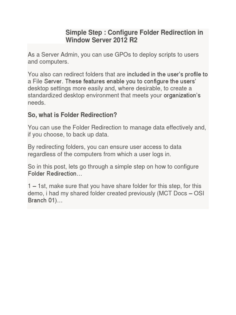 Simple Step: Configure Folder Redirection in Window Server 2012 R2 | PDF | Group Policy ...