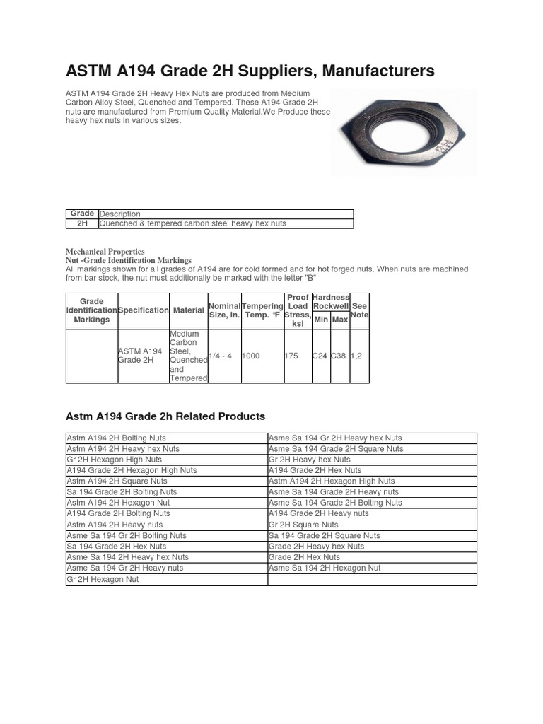 ASTM A194 Grade 2H Suppliers | PDF