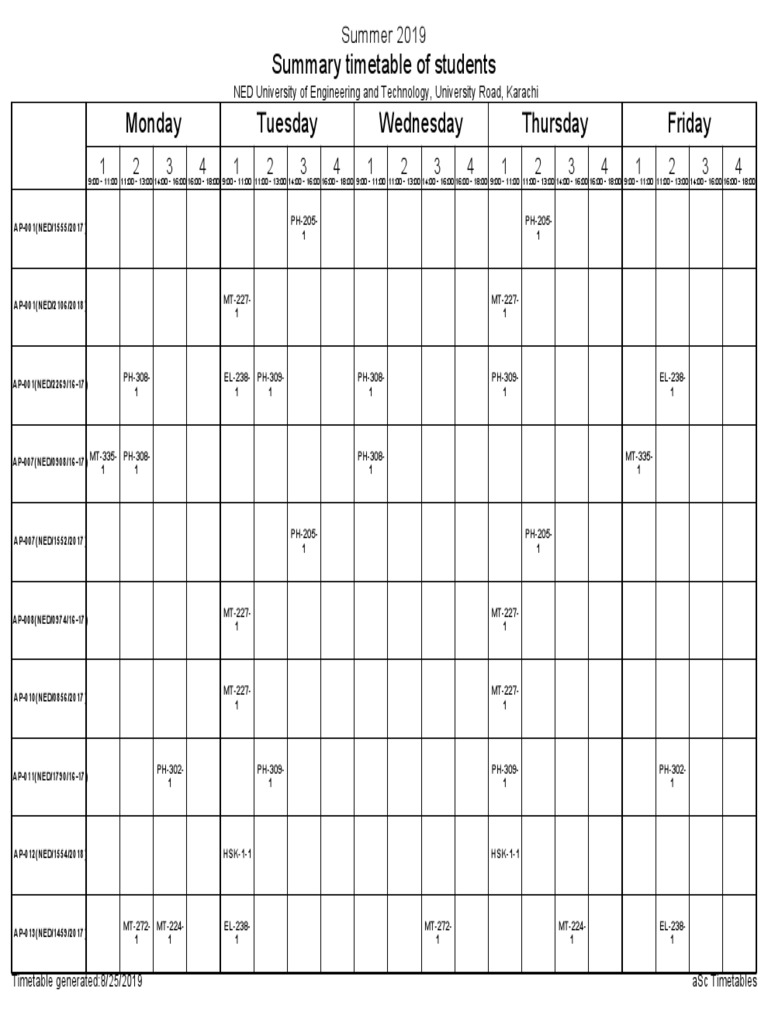 Student Wise Timetable Summer 2019 PDF | PDF | Sports