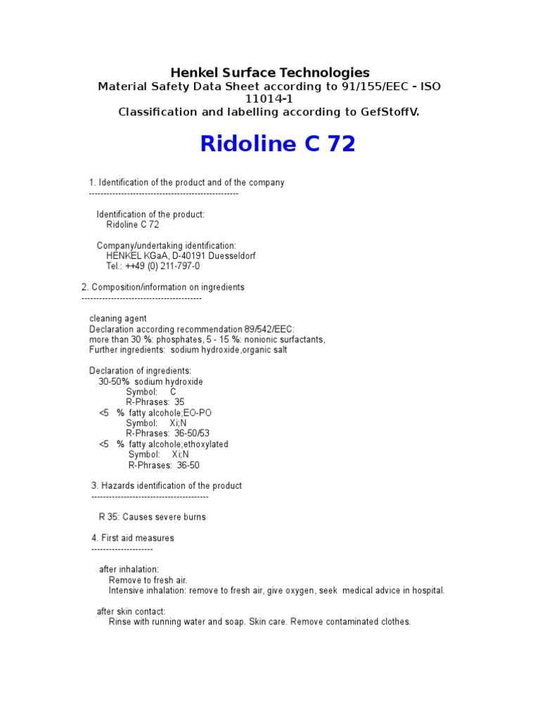 Ridoline C 72 MSDS-P | PDF | Firefighting | Carbon Dioxide