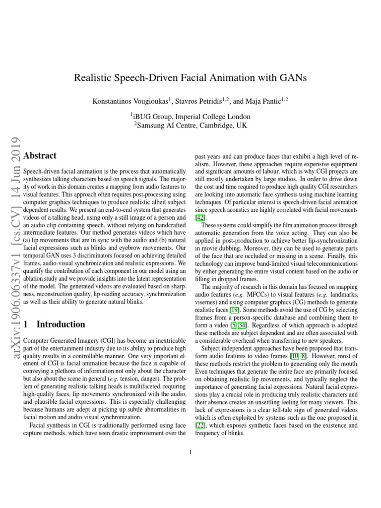 Realistic Speech-Driven Facial Animation With Gans | Download Free PDF | Deep Learning ...