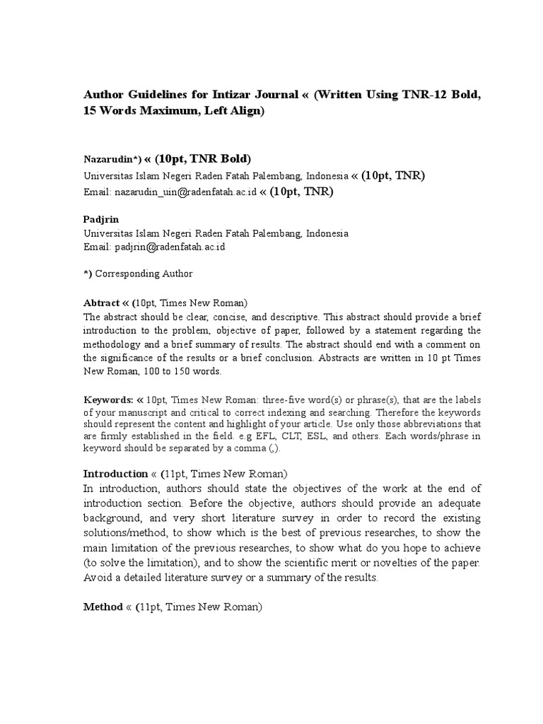 Author Guidelines For Intizar Journal (Written Using TNR-12 Bold, 15 ...