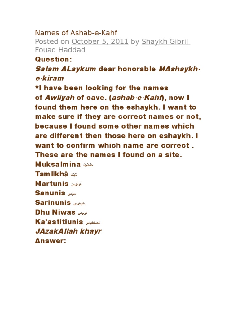 Names of Ashab-e-Kahf Clarified | PDF