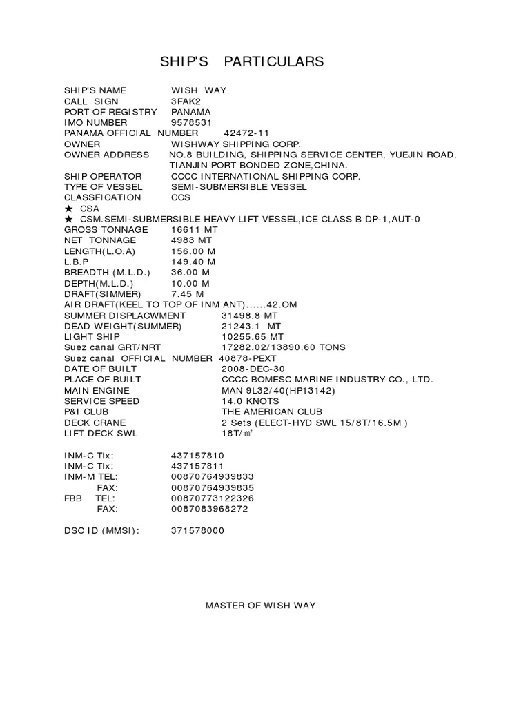 Specifications and Details of the Semi-Submersible Heavy Lift Vessel ...