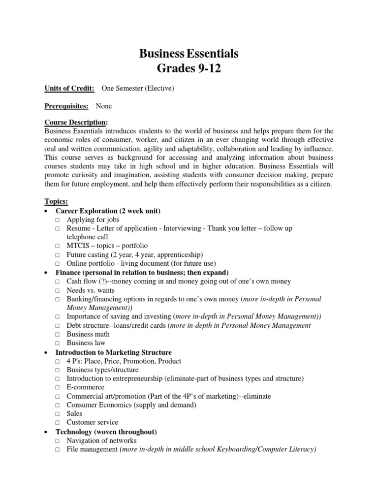 Business Essentials Grades 9-12: Units of Credit: One Semester ...