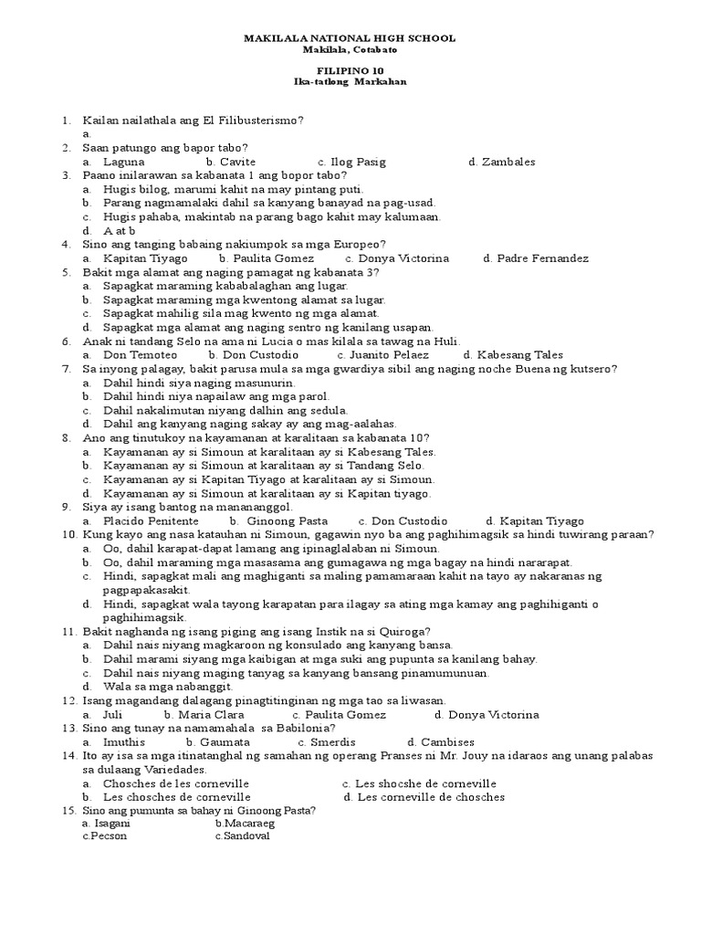 Exam 4th Quarter G10 Filipino