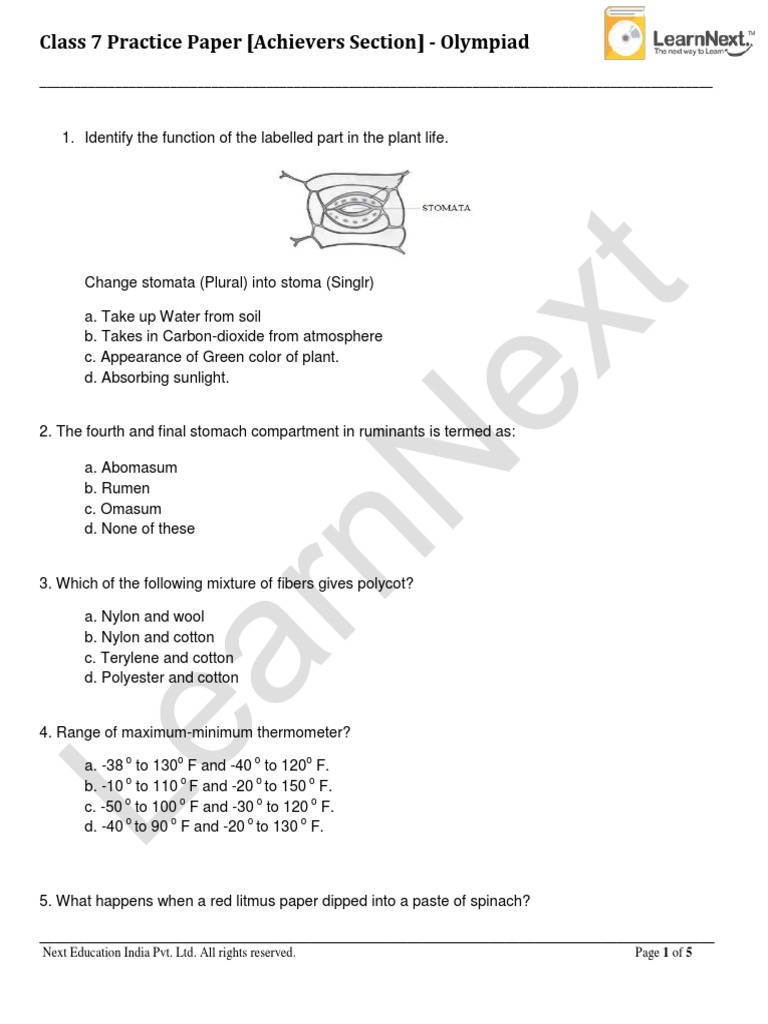 Class 7 Science Olympiad Achievers Section Practice Papers | PDF ...