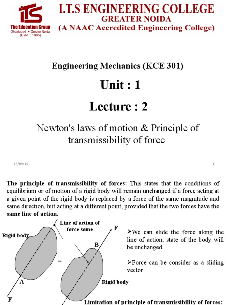 Unit: 1: Newton's Laws of Motion & Principle of Transmissibility of ...