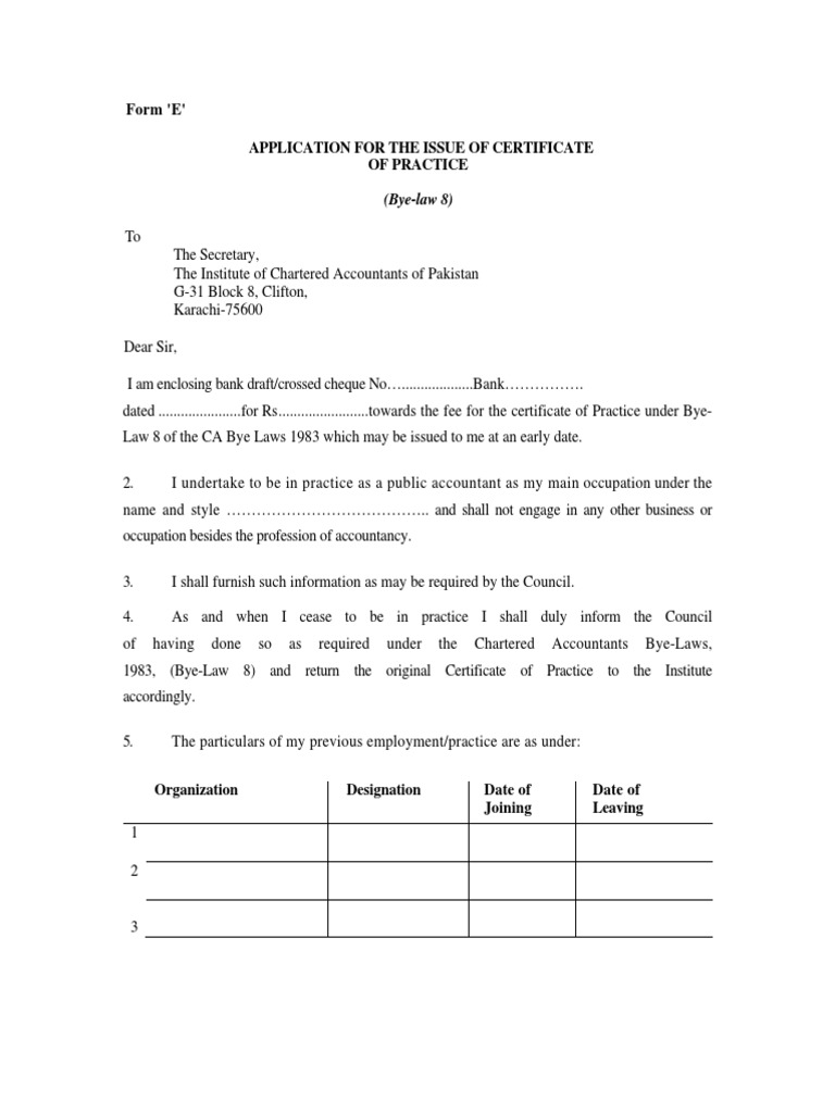 Form 'E' Application For The Issue of Certificate of Practice | PDF ...