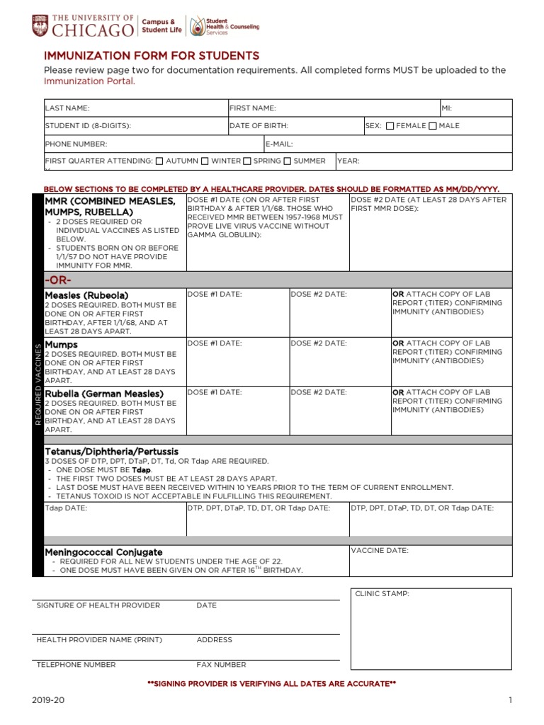 Immunization Form For Students 2019-20 FINAL 2 | PDF | Vaccination ...