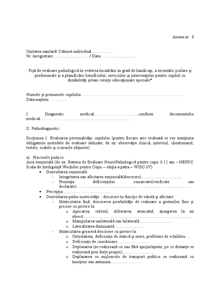 Fisa Psihologica Anexa 8 | PDF