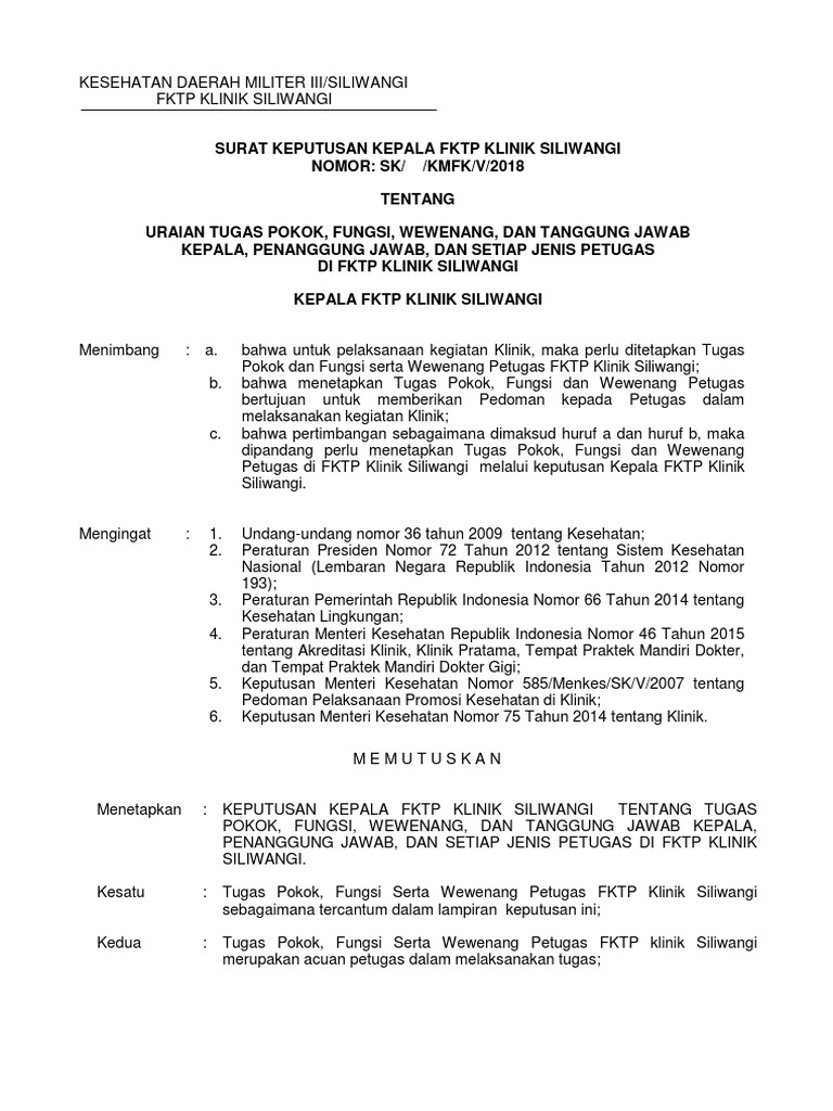 Tugas dan Wewenang Klinik Siliwangi | PDF