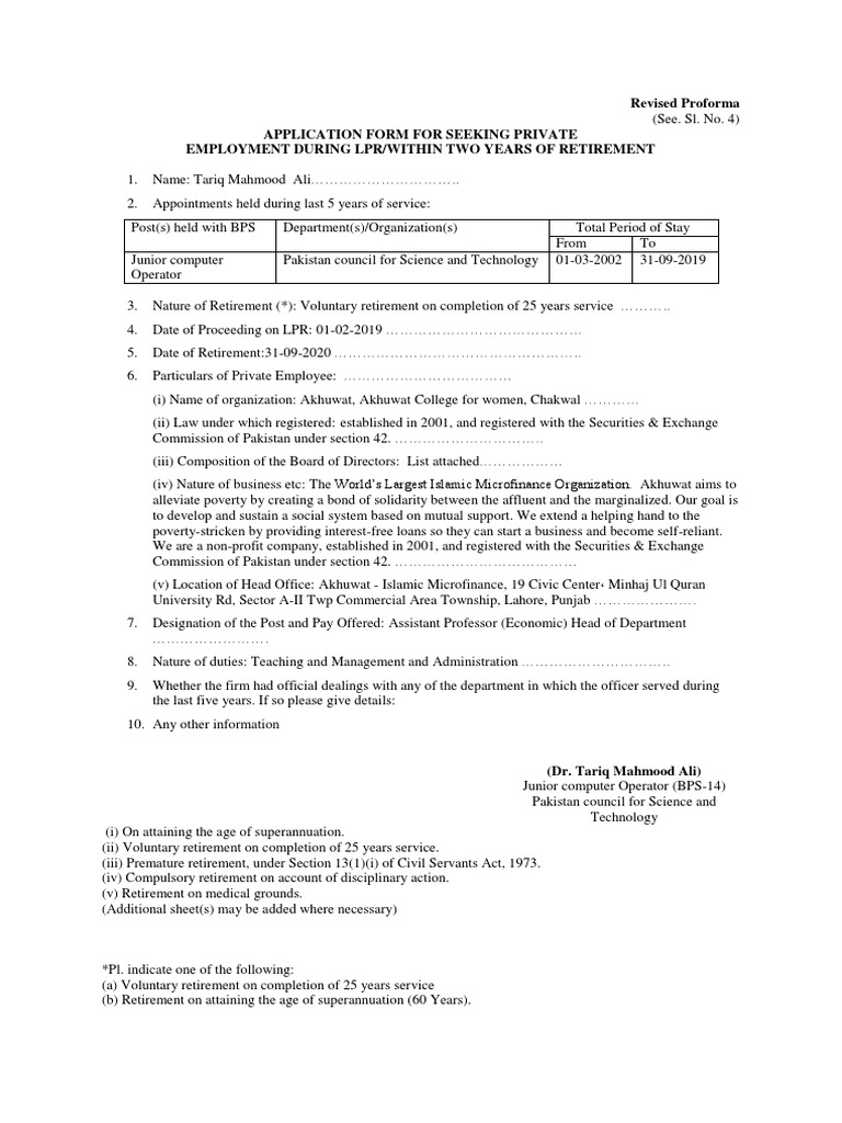 Revised Proforma Application Form For Seeking Private Employment During ...