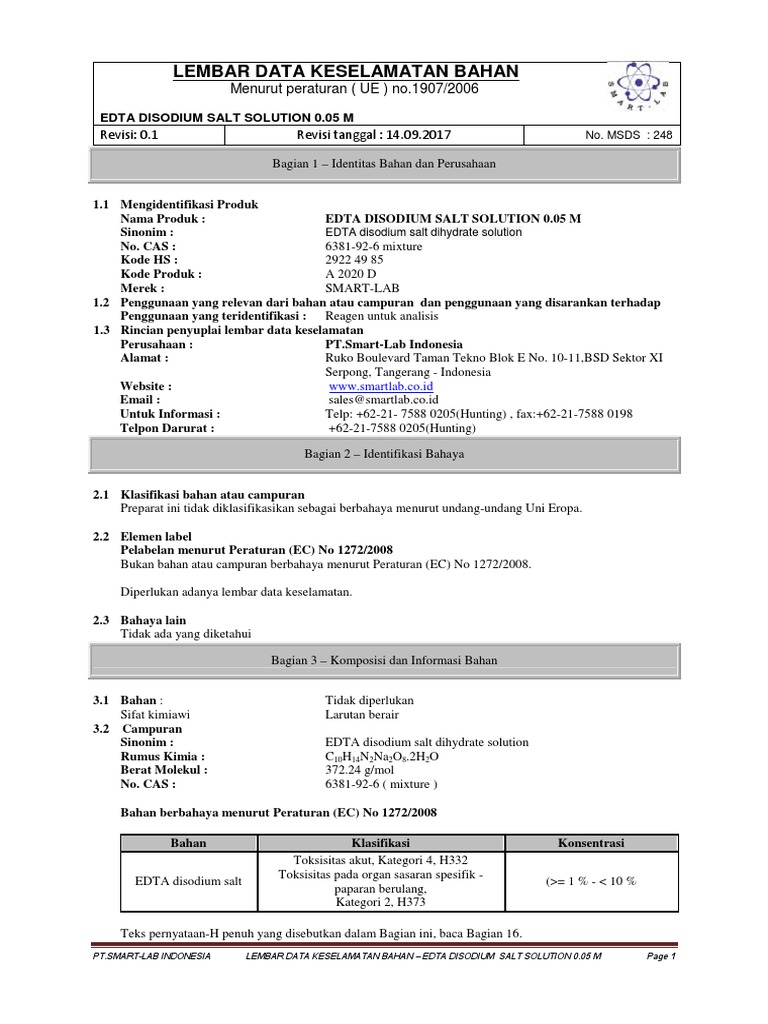 MSDS EDTA Disodium Solution 0.05 M PDF | PDF