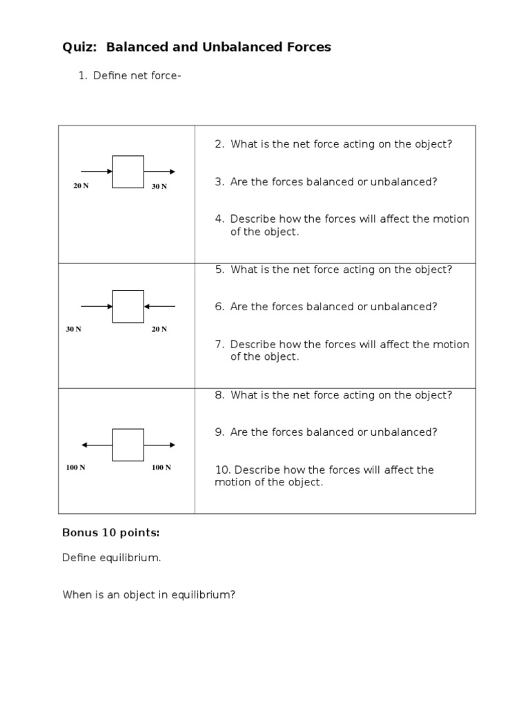 Quiz: Balanced and Unbalanced Forces: Bonus 10 Points | PDF