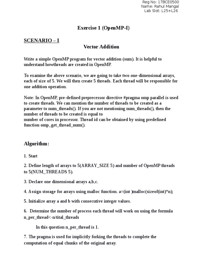 Vector Addition: Exercise 1 (Openmp-I) Scenario - I | PDF | Computer Programming | Areas Of ...