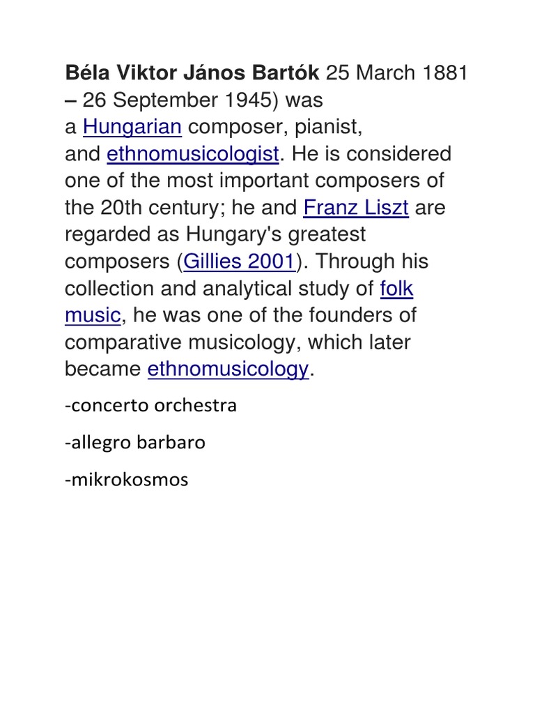 Béla Viktor János Bartók | PDF | Classical Music | Performing Arts