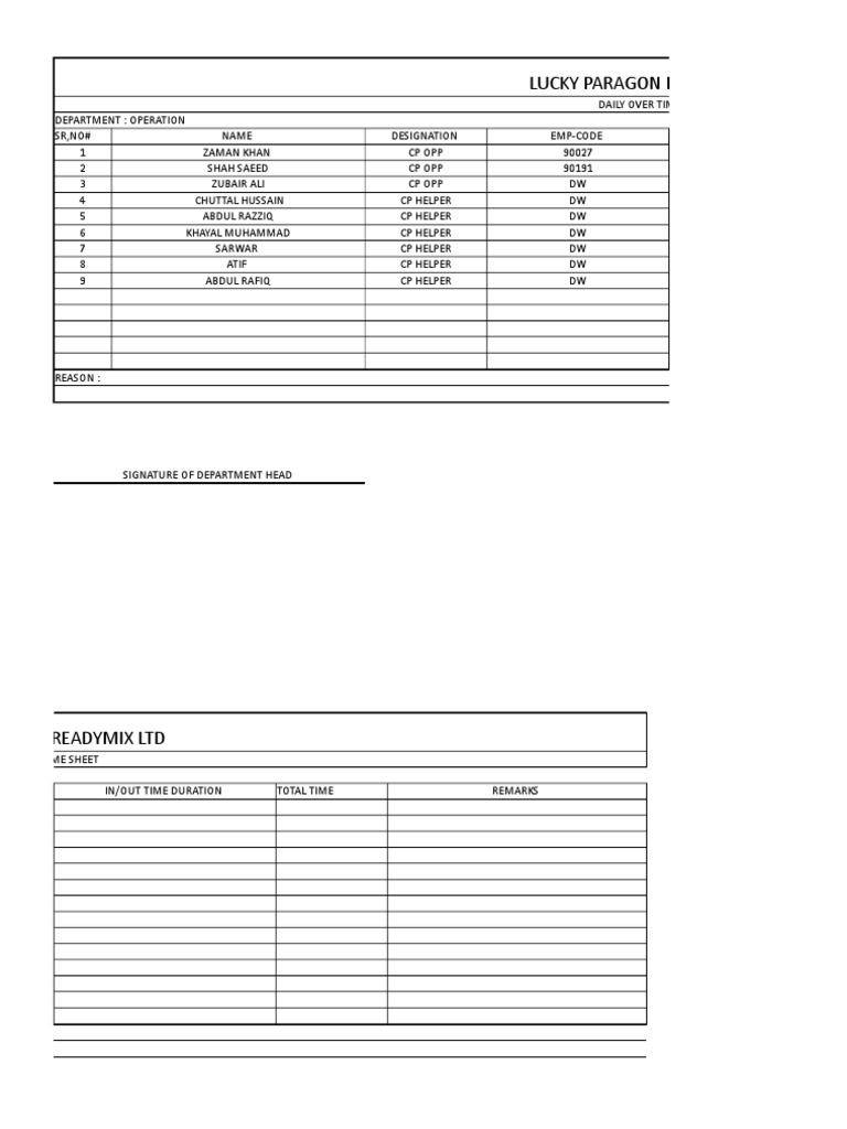 Daily Overtime Sheet for Workers | PDF | Violence