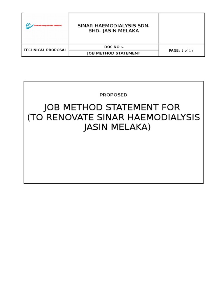 Job Method Statement For To Renovate Sinar Haemodialysis Jasin Melaka Pdf Procurement Tile