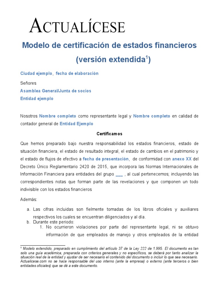 Modelo Certificado de Estados Financieros | PDF | Estado financiero | Contabilidad