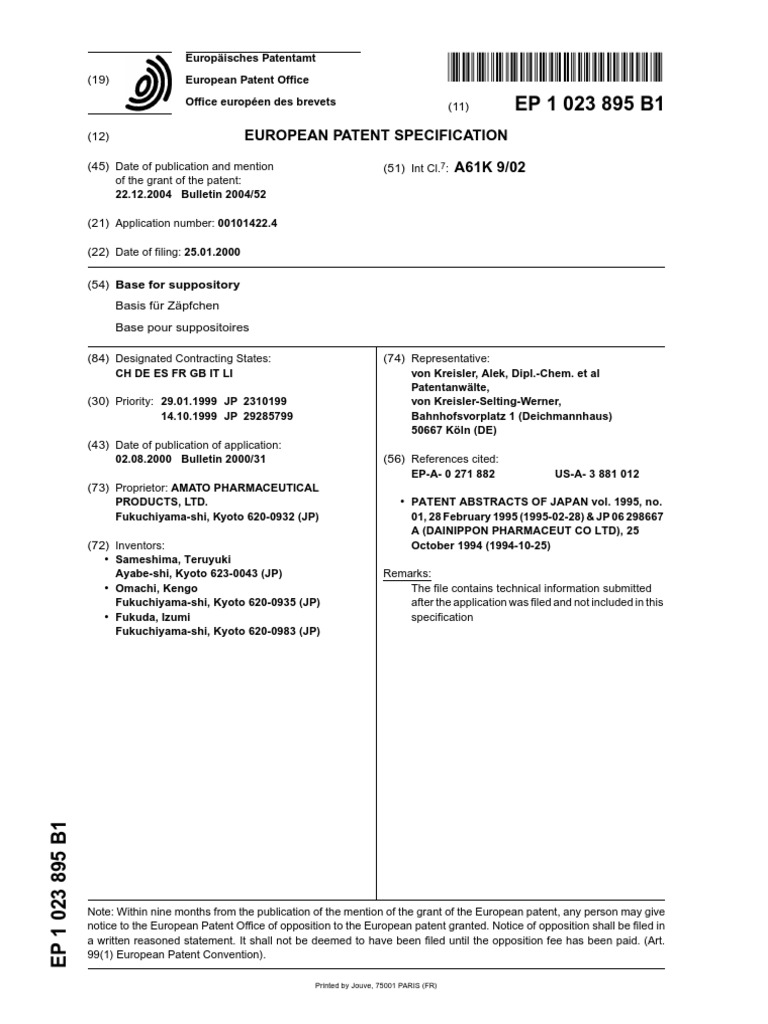European Patent Specification A61K 9/02: Printed by Jouve, 75001 PARIS ...