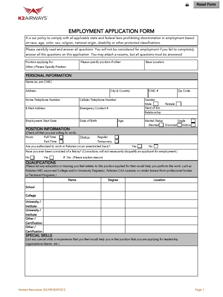 Employment Application Form K2 | PDF | Human Resources | Employment