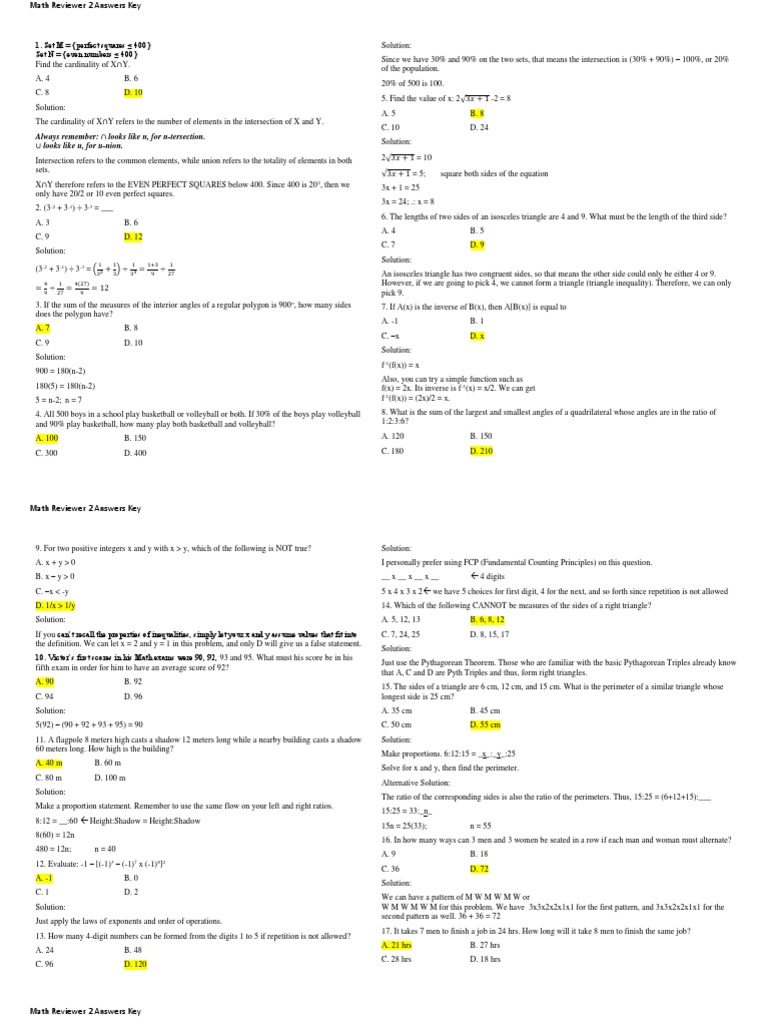 Math Reviewer 2 Answers Key | PDF | Circle | Triangle