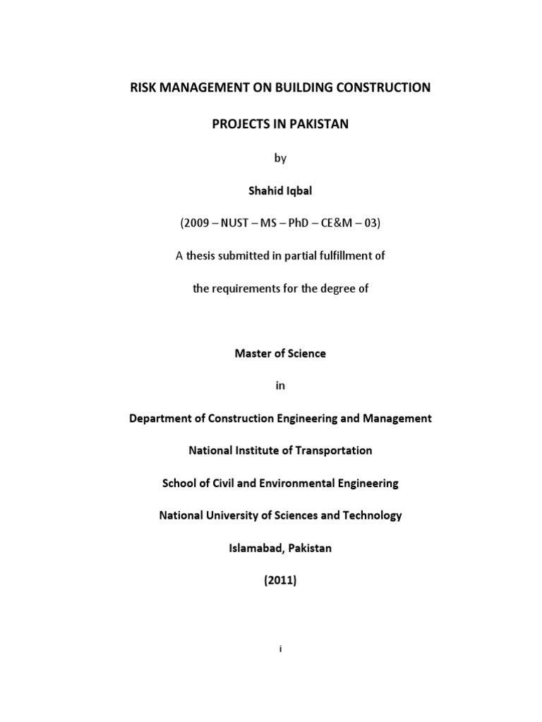 2009 Nust Ms PHD Ce&m 03 Shahid Iqbal Ce&m 01 Thesis | PDF | Risk ...