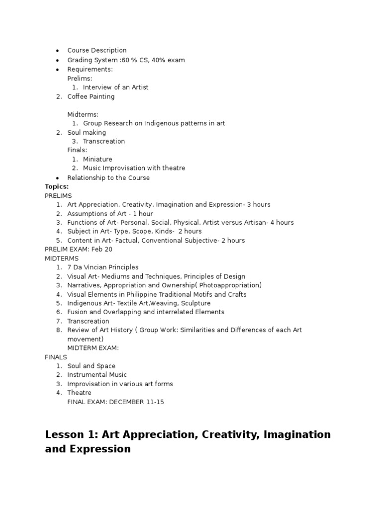 Lesson 1: Art Appreciation, Creativity, Imagination and Expression | PDF | Creativity | Paintings